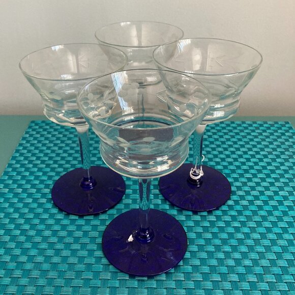 Vintage | Dining | Cobalt Blue Foot Etched Flower Leaf Cocktail Glasses ...